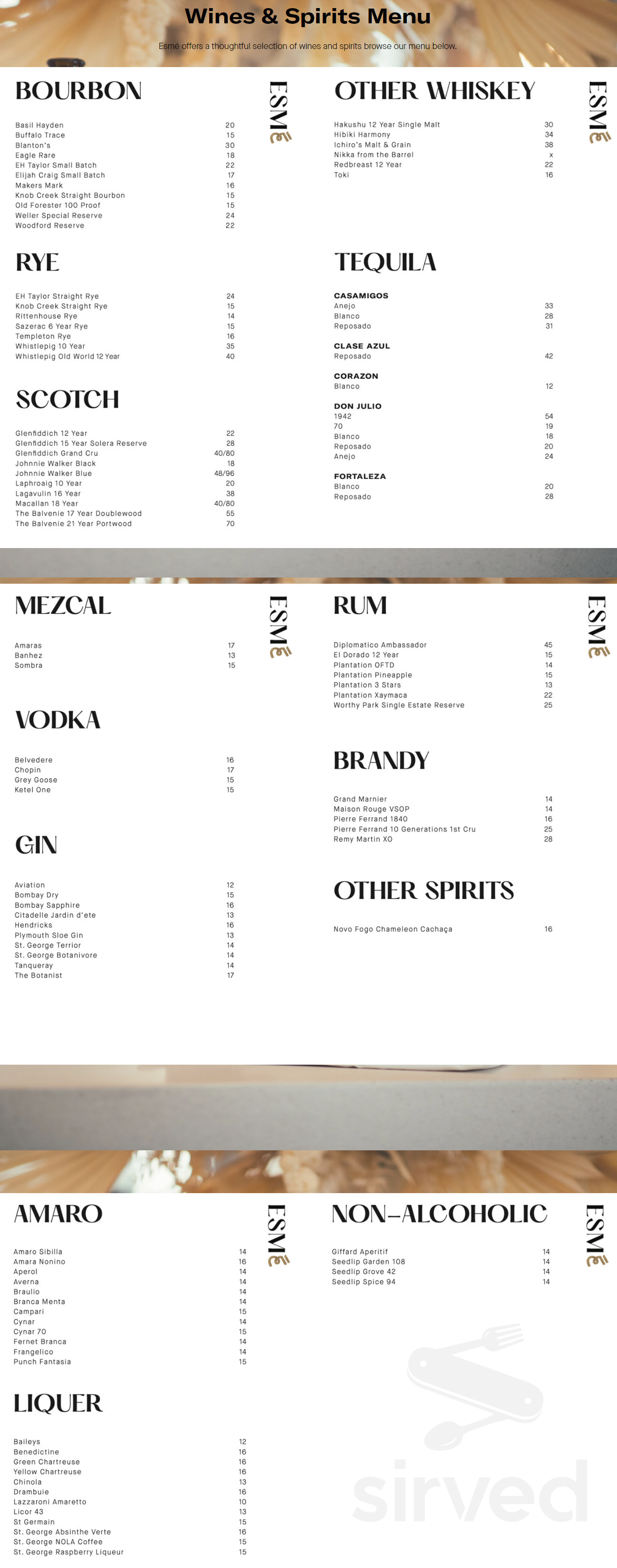 Esmé menu in Chicago, Illinois, USA