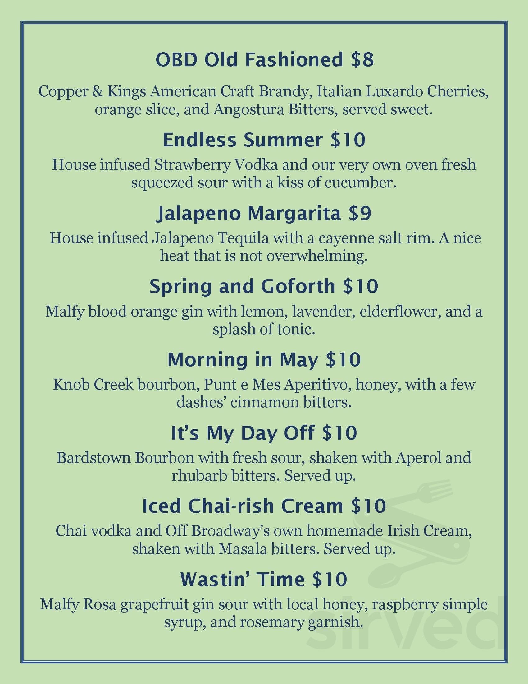 Off Broadway Drafthouse menu in Madison, Wisconsin, USA