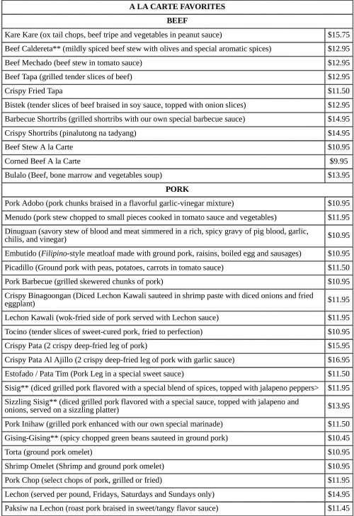 Ongpin Restaurant menu in South San Francisco, California, USA
