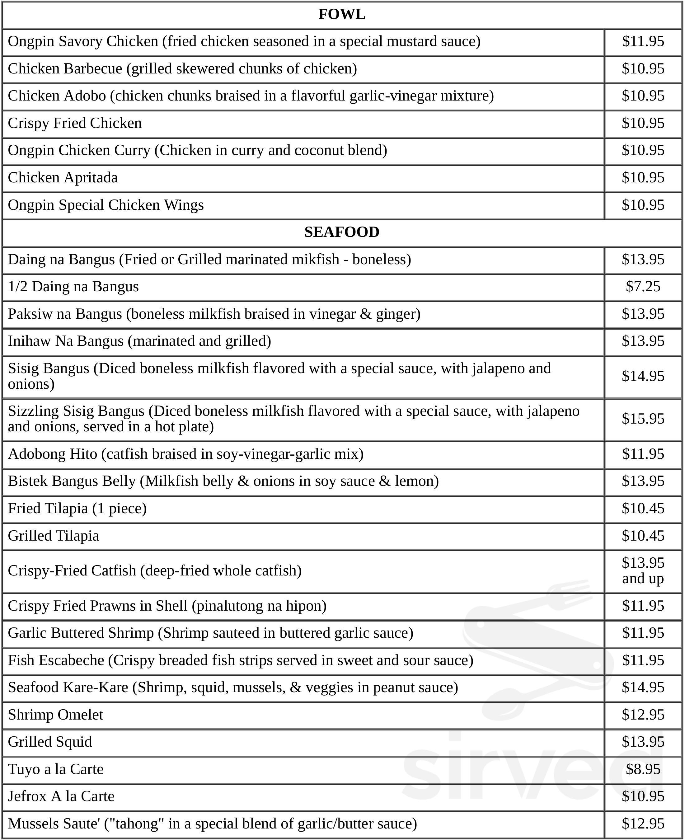 Ongpin Restaurant menu in South San Francisco, California, USA