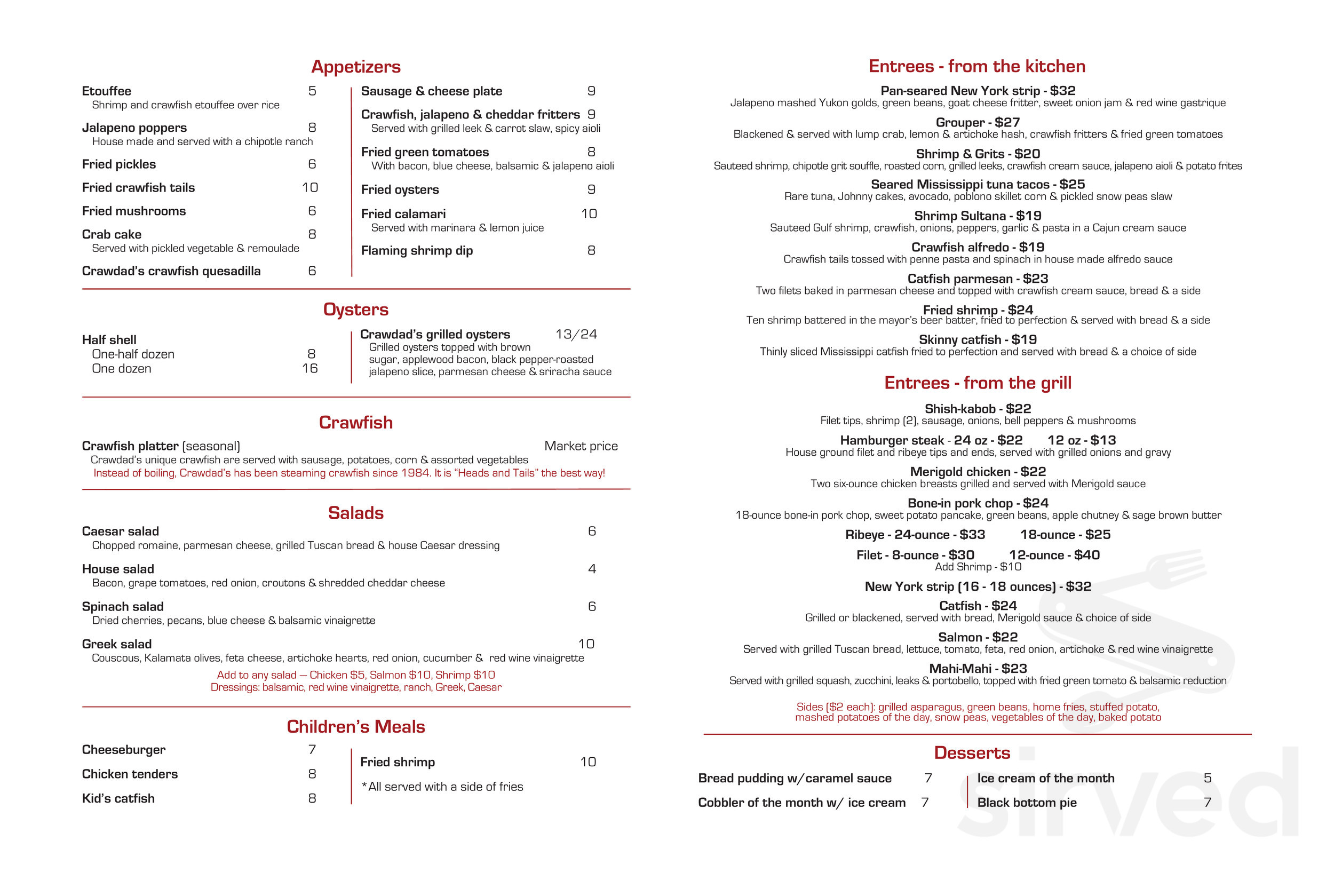 Crawdad's menu in Merigold, Mississippi, USA