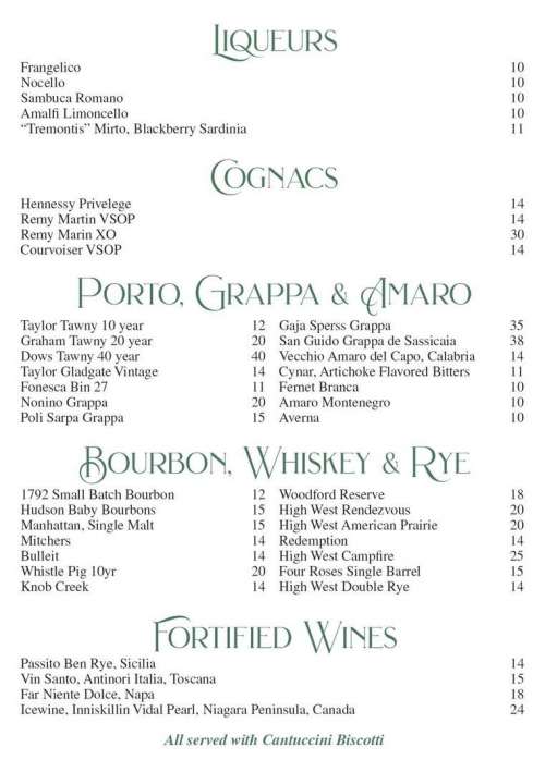 Tramonti menu in Delray Beach, Florida, USA
