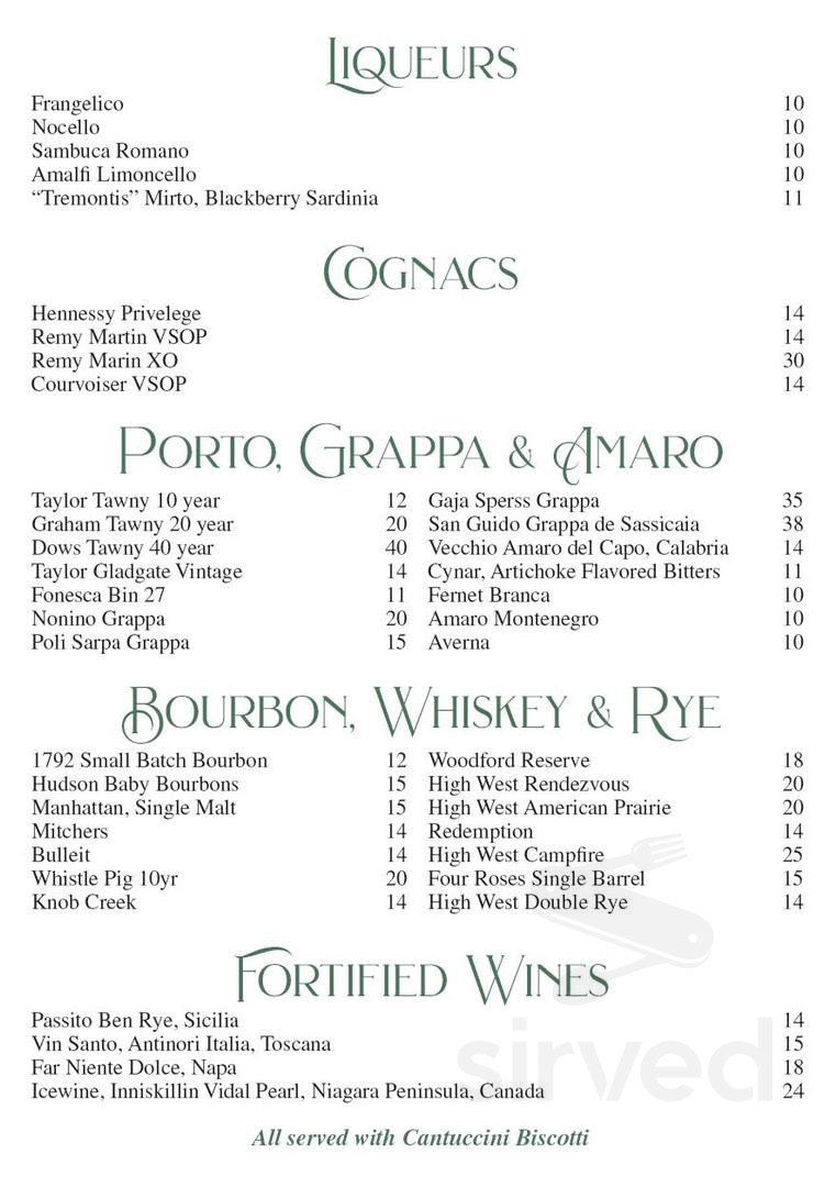 Tramonti menu in Delray Beach, Florida, USA