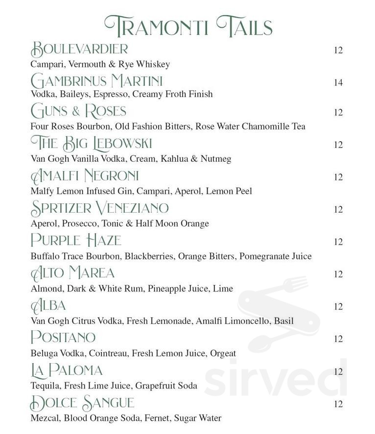 Tramonti menu in Delray Beach, Florida, USA