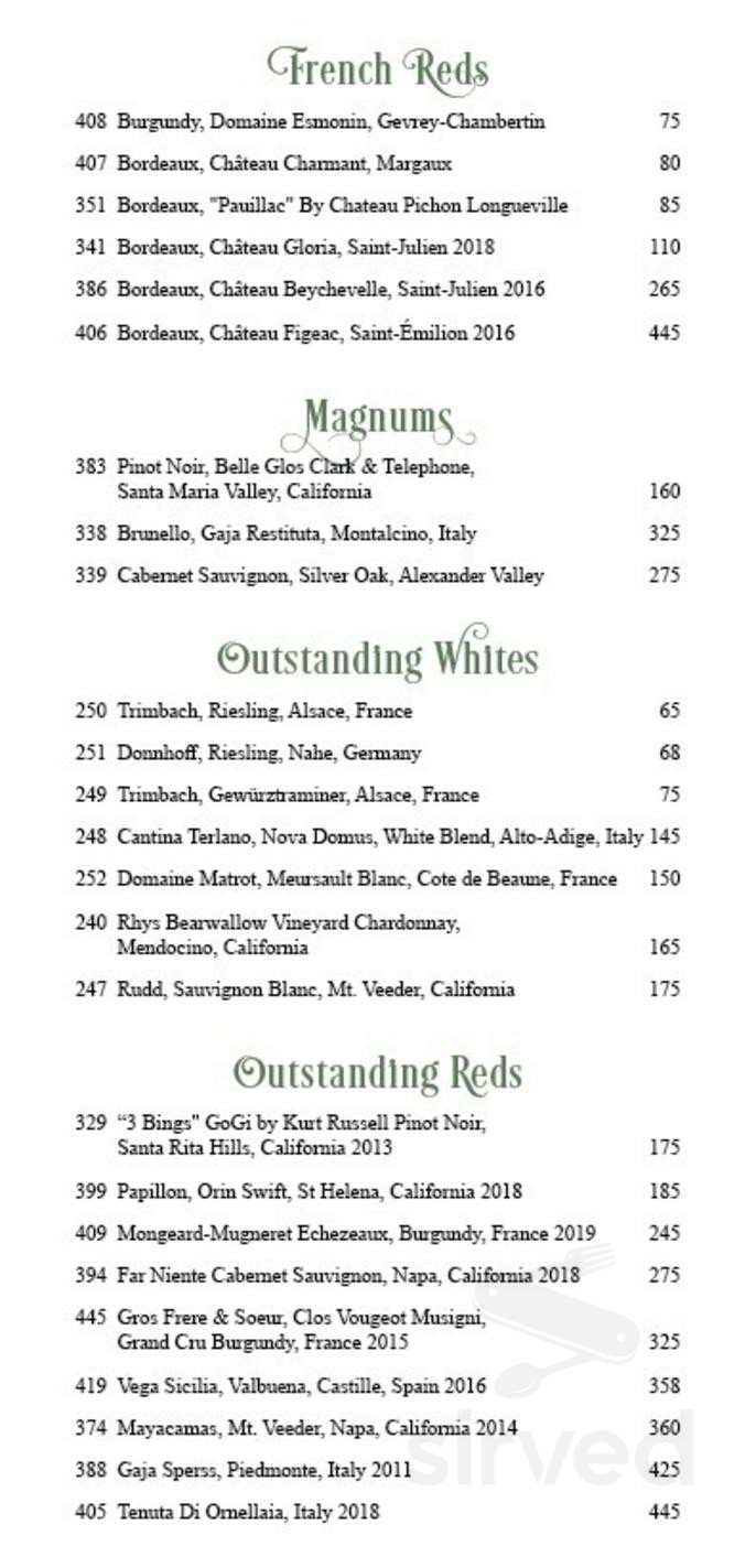 Tramonti menu in Delray Beach, Florida, USA