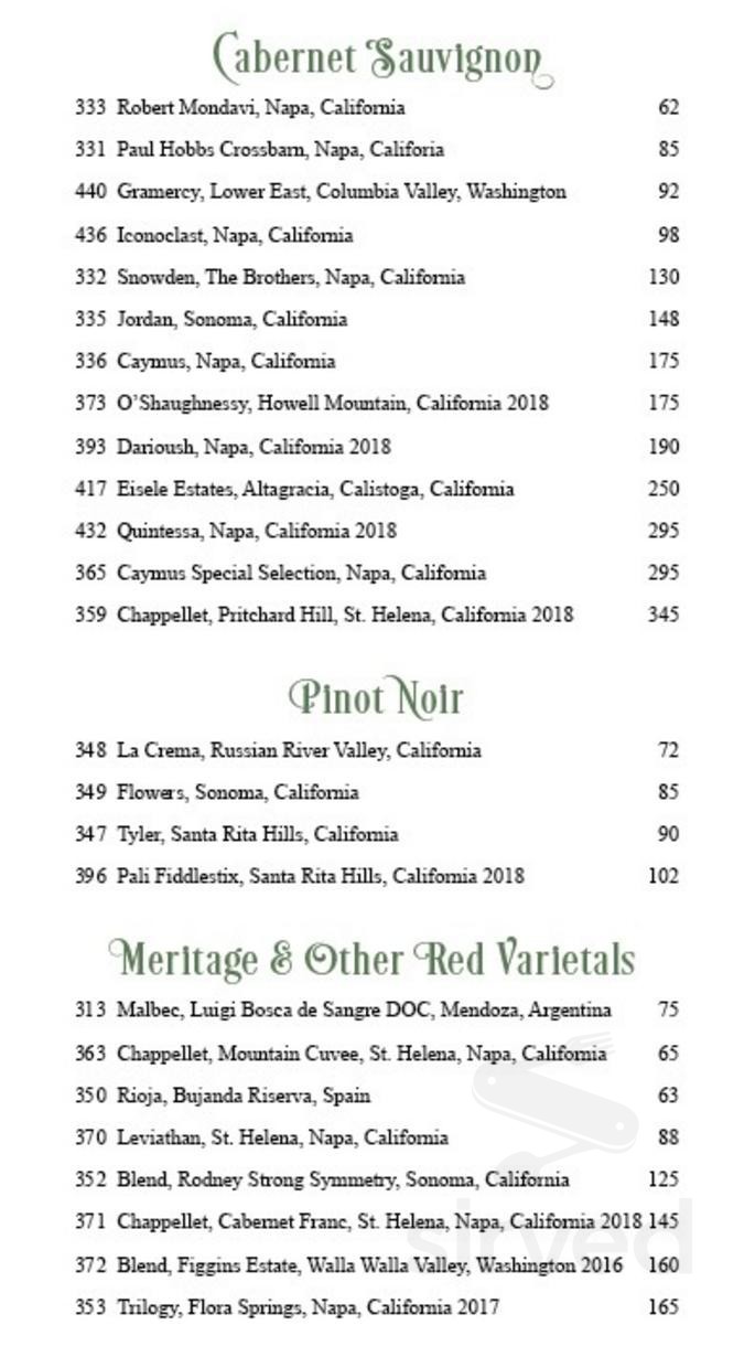 Tramonti menu in Delray Beach, Florida, USA