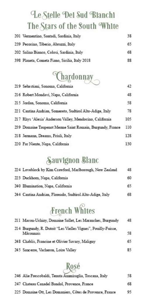 Tramonti menu in Delray Beach, Florida, USA