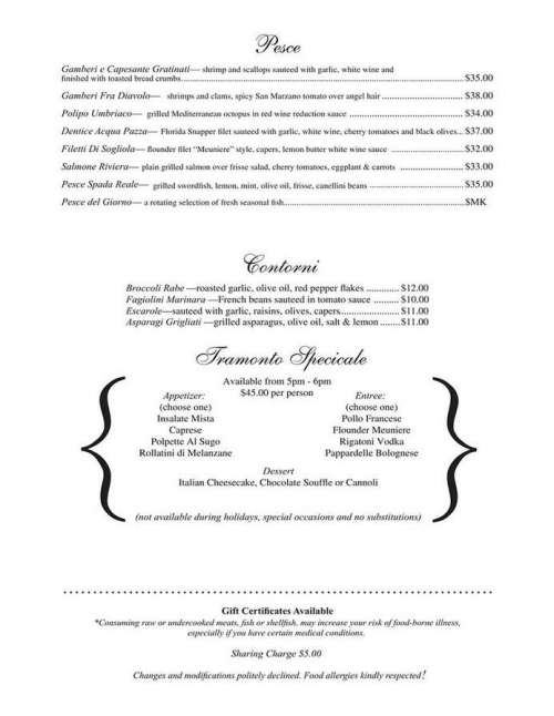 Tramonti menu in Delray Beach, Florida, USA