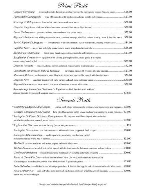 Tramonti menu in Delray Beach, Florida, USA