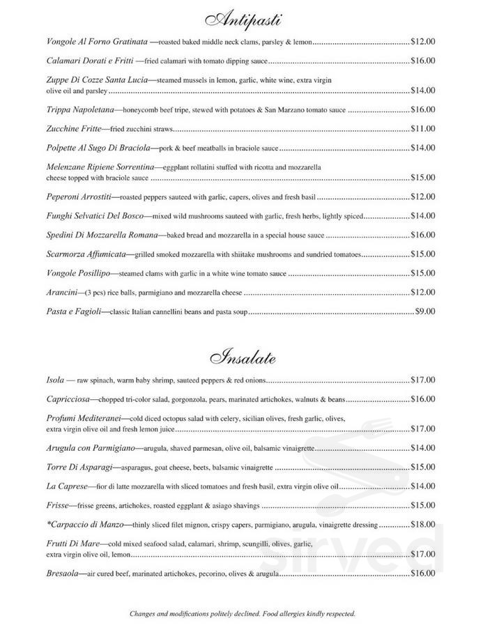 Tramonti menu in Delray Beach, Florida, USA