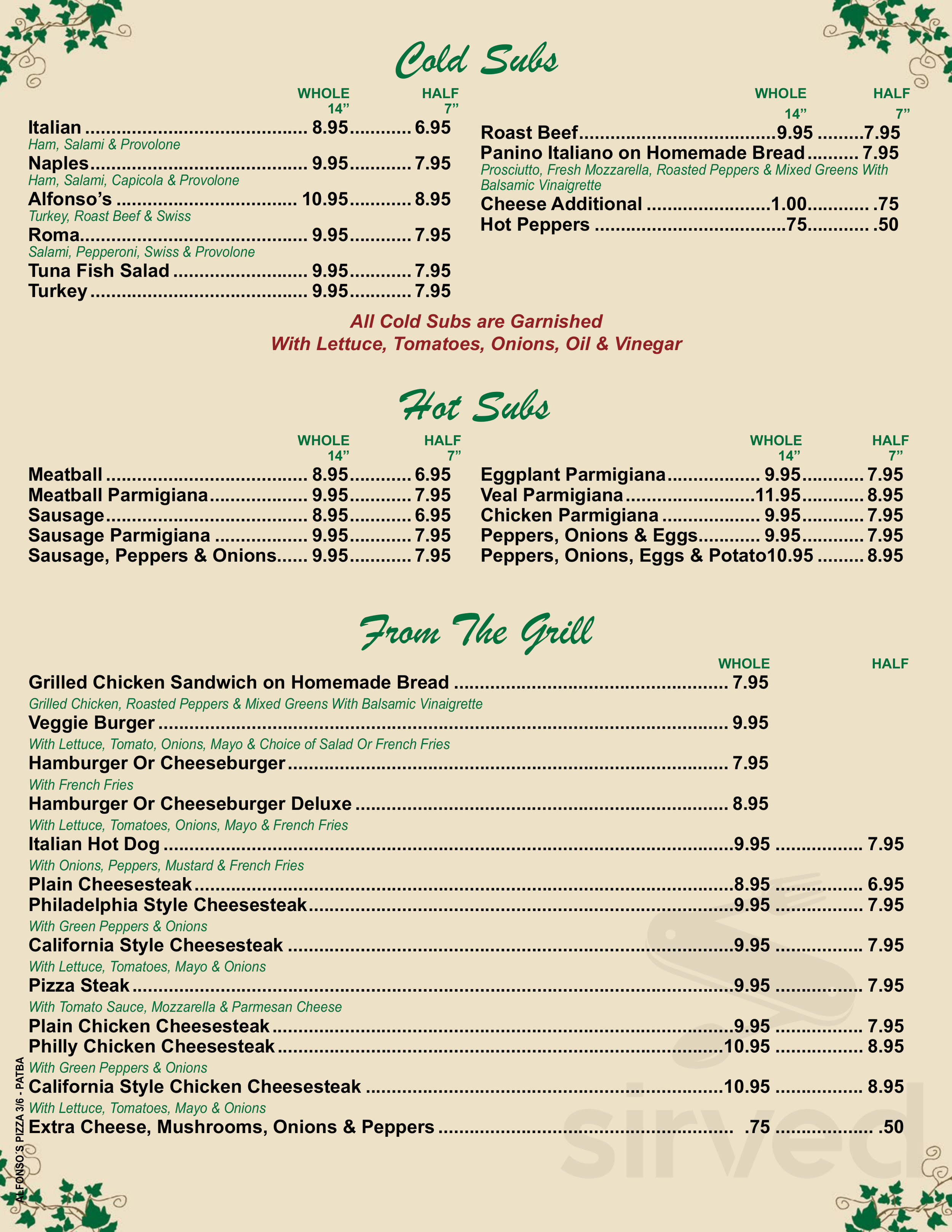 Menu - Princeton NJ's Alfonso's Pizzeria & Restaurant | Sirved