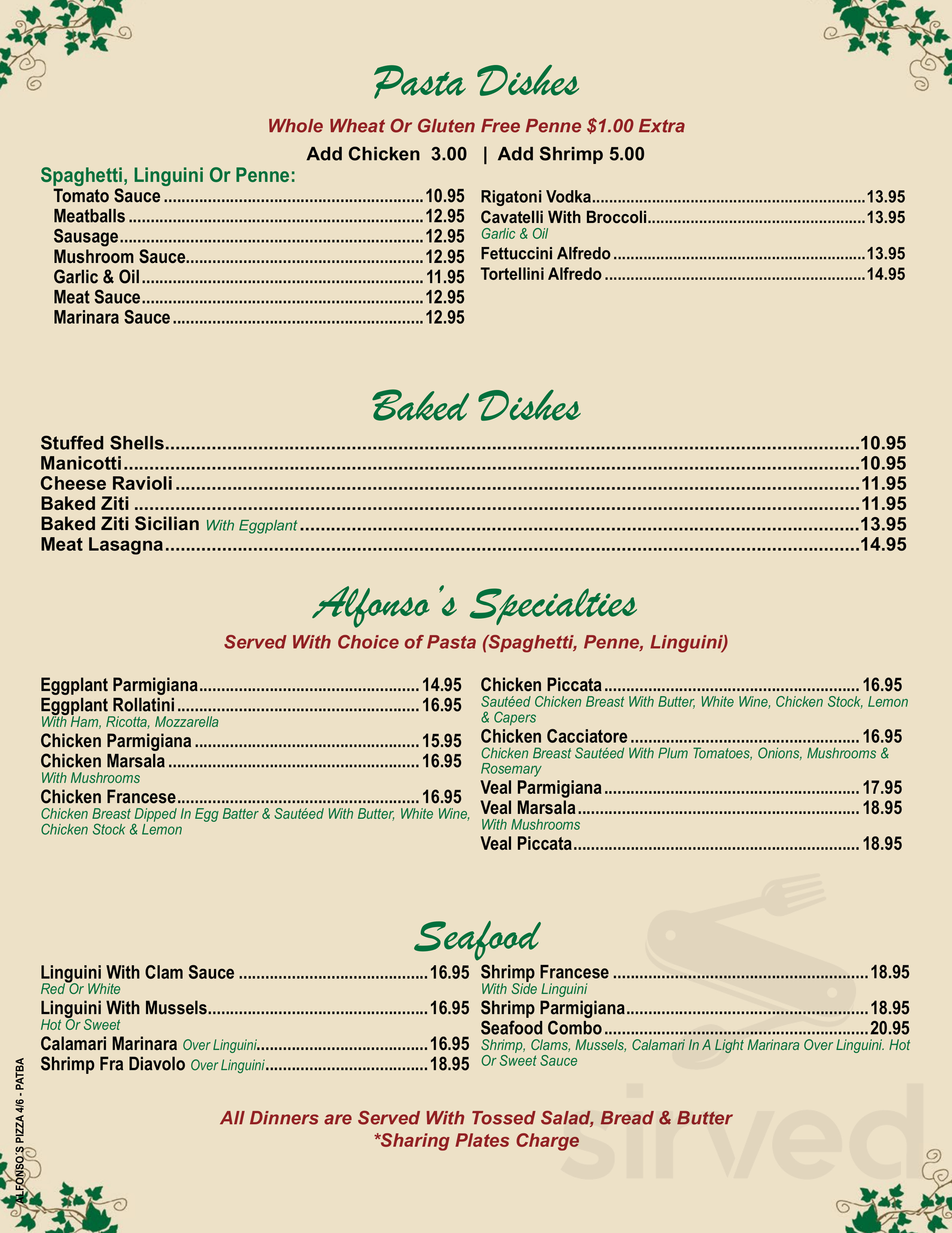 Menu - Princeton NJ's Alfonso's Pizzeria & Restaurant | Sirved