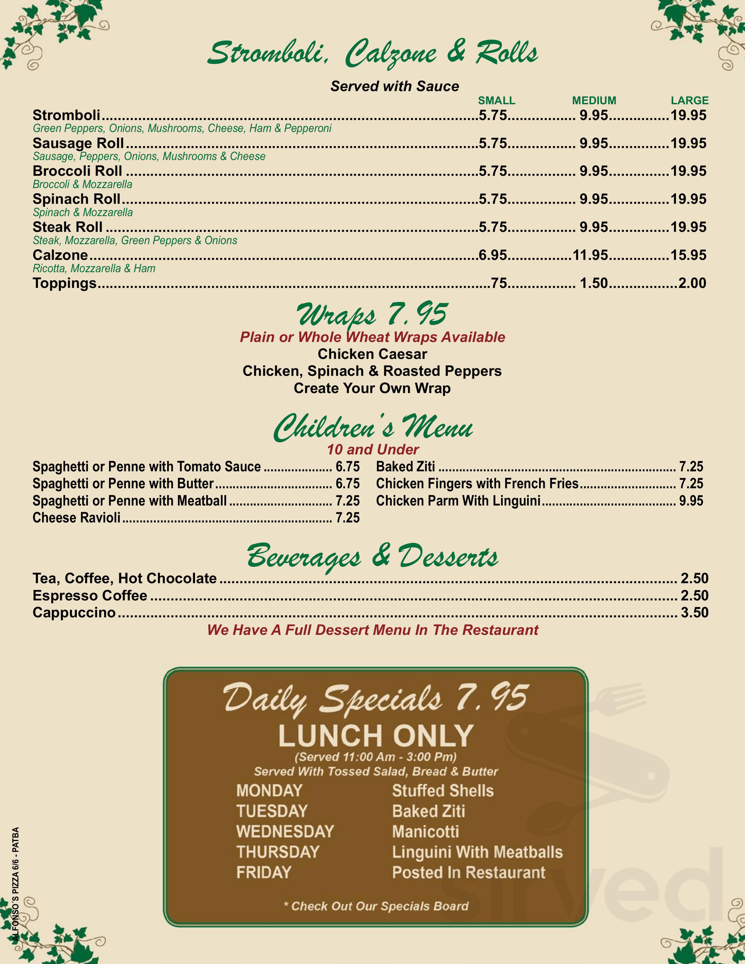 Menu - Princeton NJ's Alfonso's Pizzeria & Restaurant | Sirved