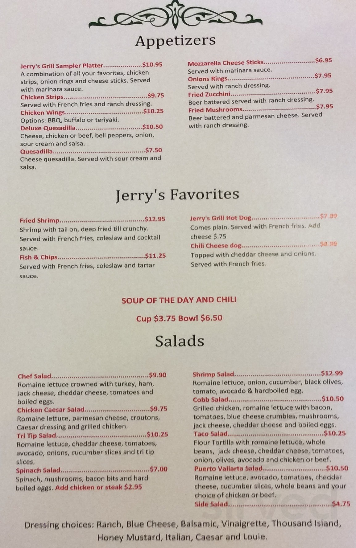Jerry's Grill menu in Gardnerville, Nevada, USA