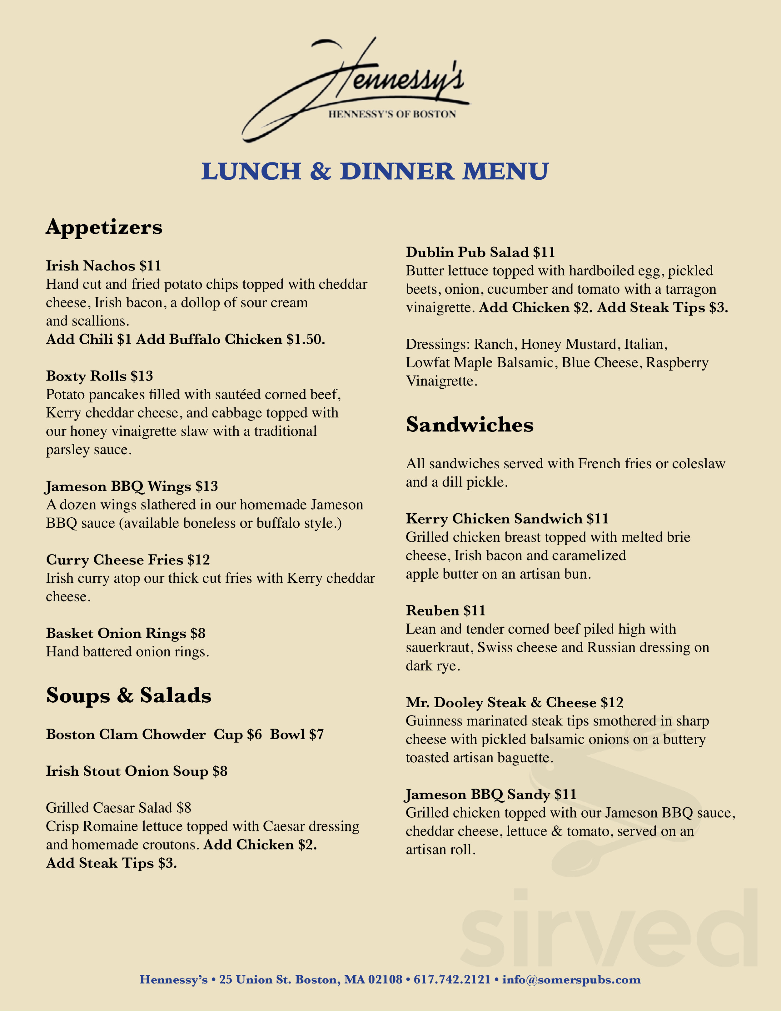 Menu for Hennessy’s Bar in Boston, MA | Sirved