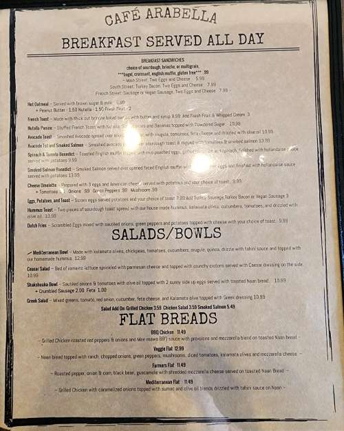 Cafe Arabella menu in Lititz, Pennsylvania, USA