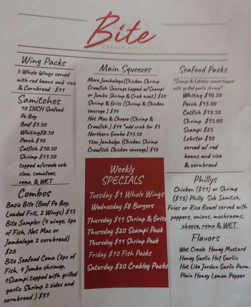 Bite Creole Kitchen menu in Cleveland, Ohio, USA