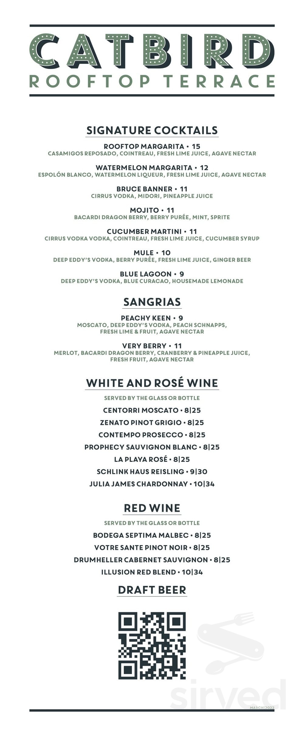 Catbird Rooftop Terrace menu in Farmville, Virginia, USA