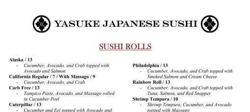 Menu for Yasuke Japanese Sushi in McAllen, TX | Sirved