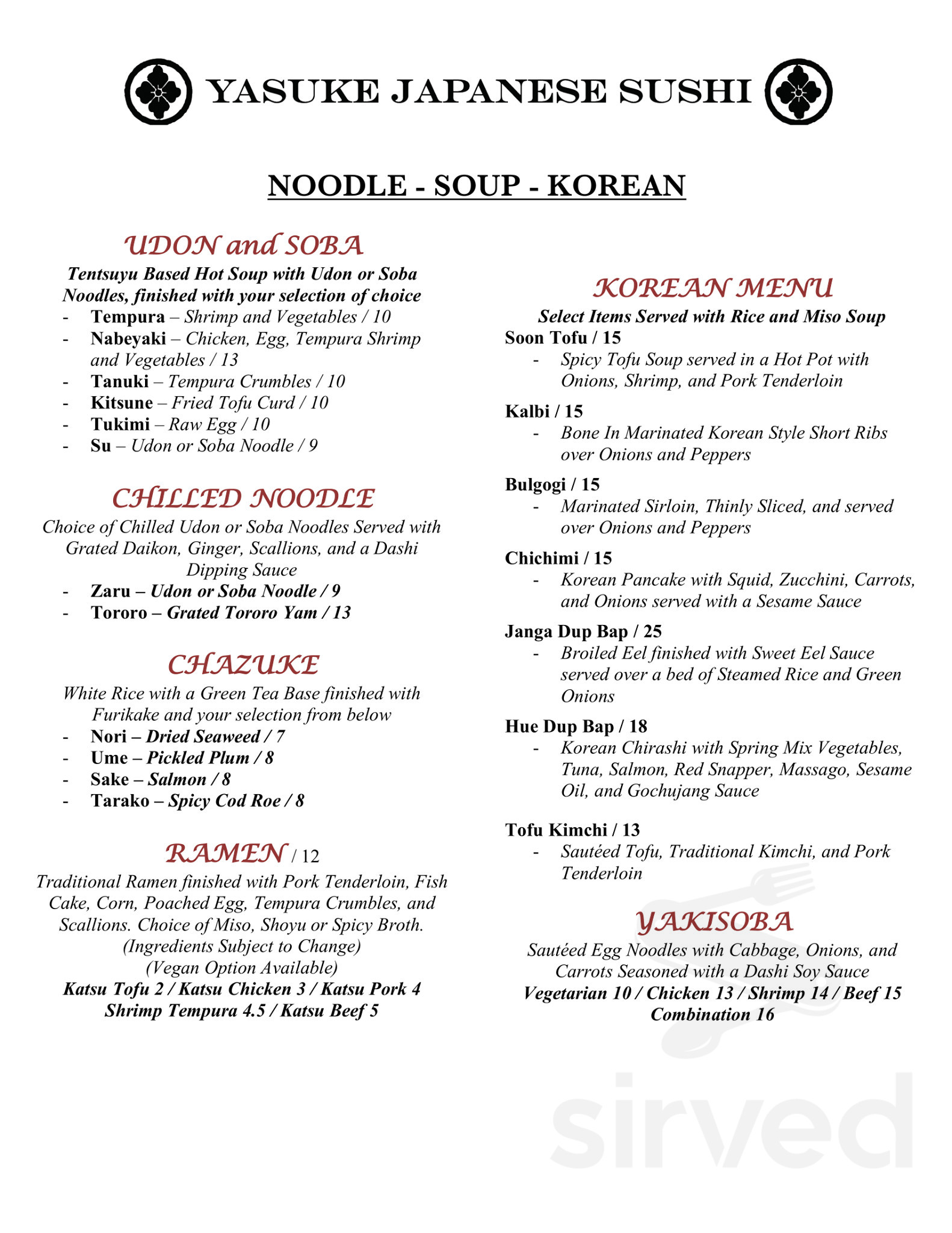 Yasuke Japanese Sushi menu in McAllen, Texas, USA