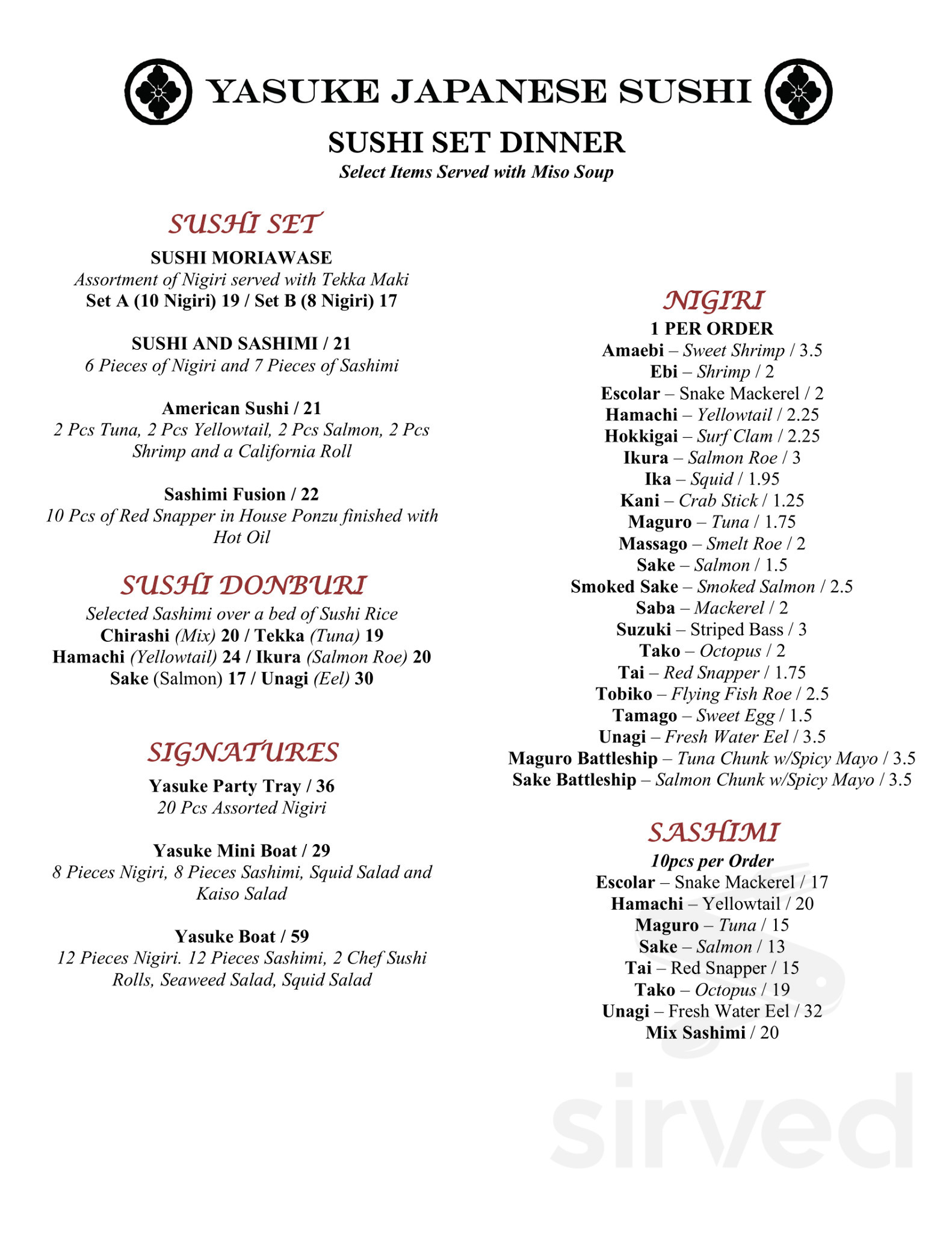 Yasuke Japanese Sushi menu in McAllen, Texas, USA