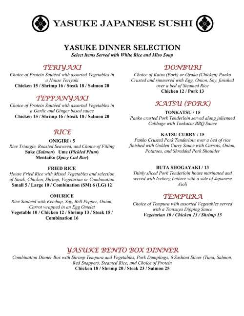 Yasuke Japanese Sushi menu in McAllen, Texas, USA
