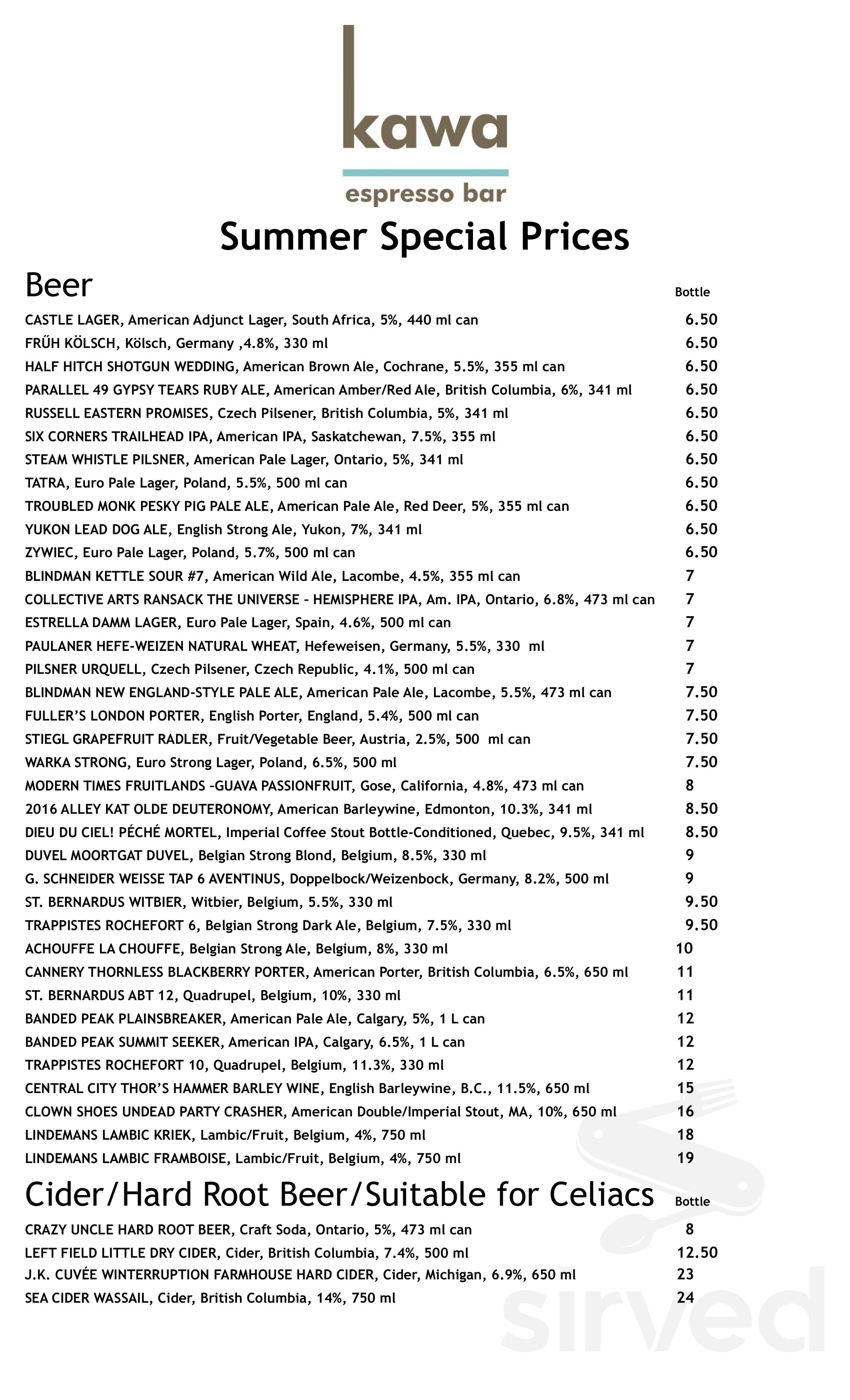 Kawa Espresso Bar menu in Calgary, Alberta, Canada