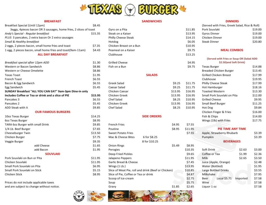 Texas Burger menus in Lindsay, Ontario, Canada