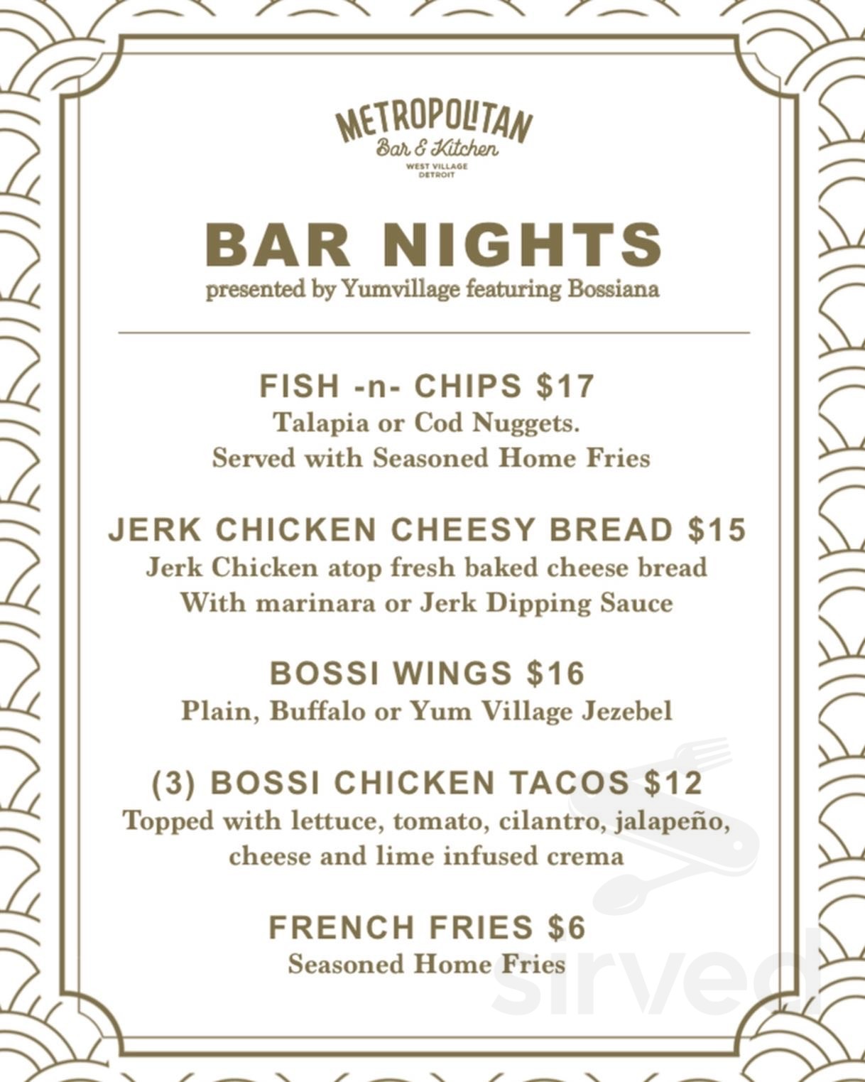 Menu - Detroit MI's Metropolitan Bar + Kitchen | Sirved