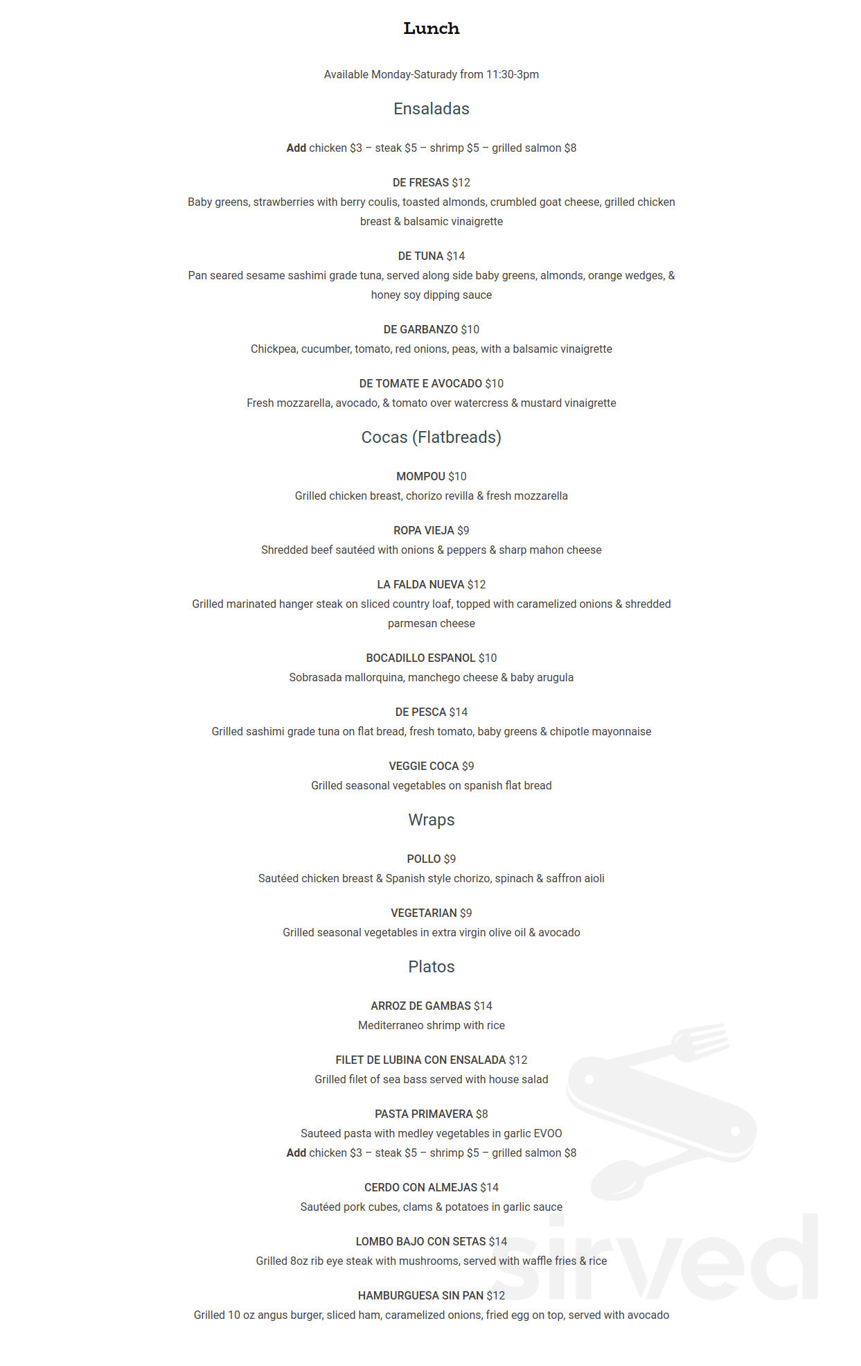 Mompou Tapas Bar & Restaurant menu in Newark, New Jersey, USA