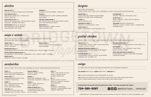 Bridgetown Taphouse menu in Ambridge, Pennsylvania, USA