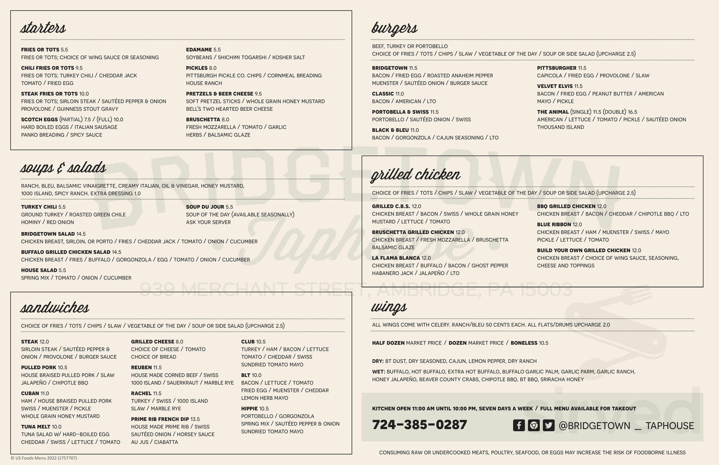 Menu for Bridgetown Taphouse in Ambridge, PA | Sirved