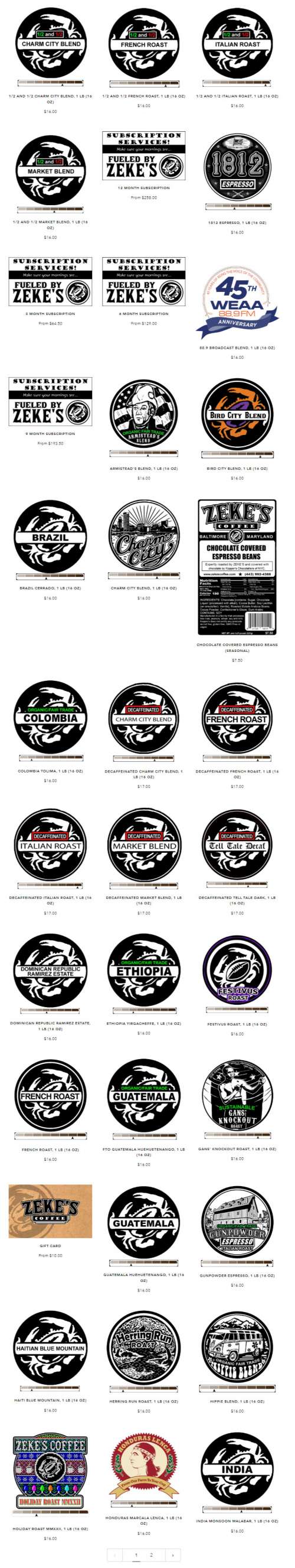 Zeke's Coffee menu in Baltimore, Maryland, USA