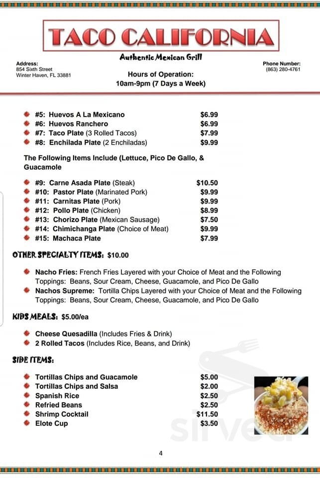 Taco California menu in Winter Haven, Florida, USA