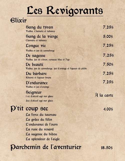 Sanglier Doré menu in Sherbrooke, Quebec, Canada