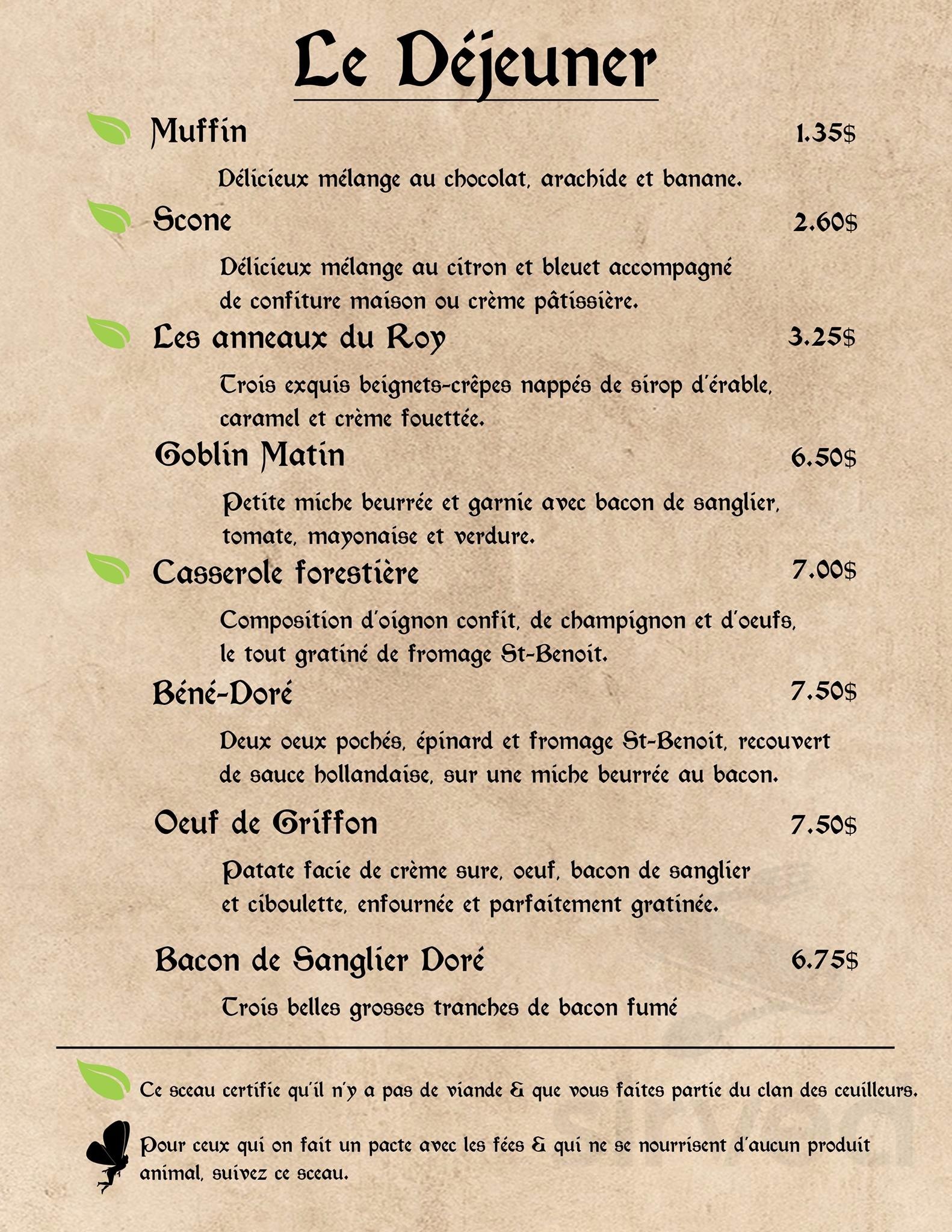 Sanglier Doré menu in Sherbrooke, Quebec, Canada