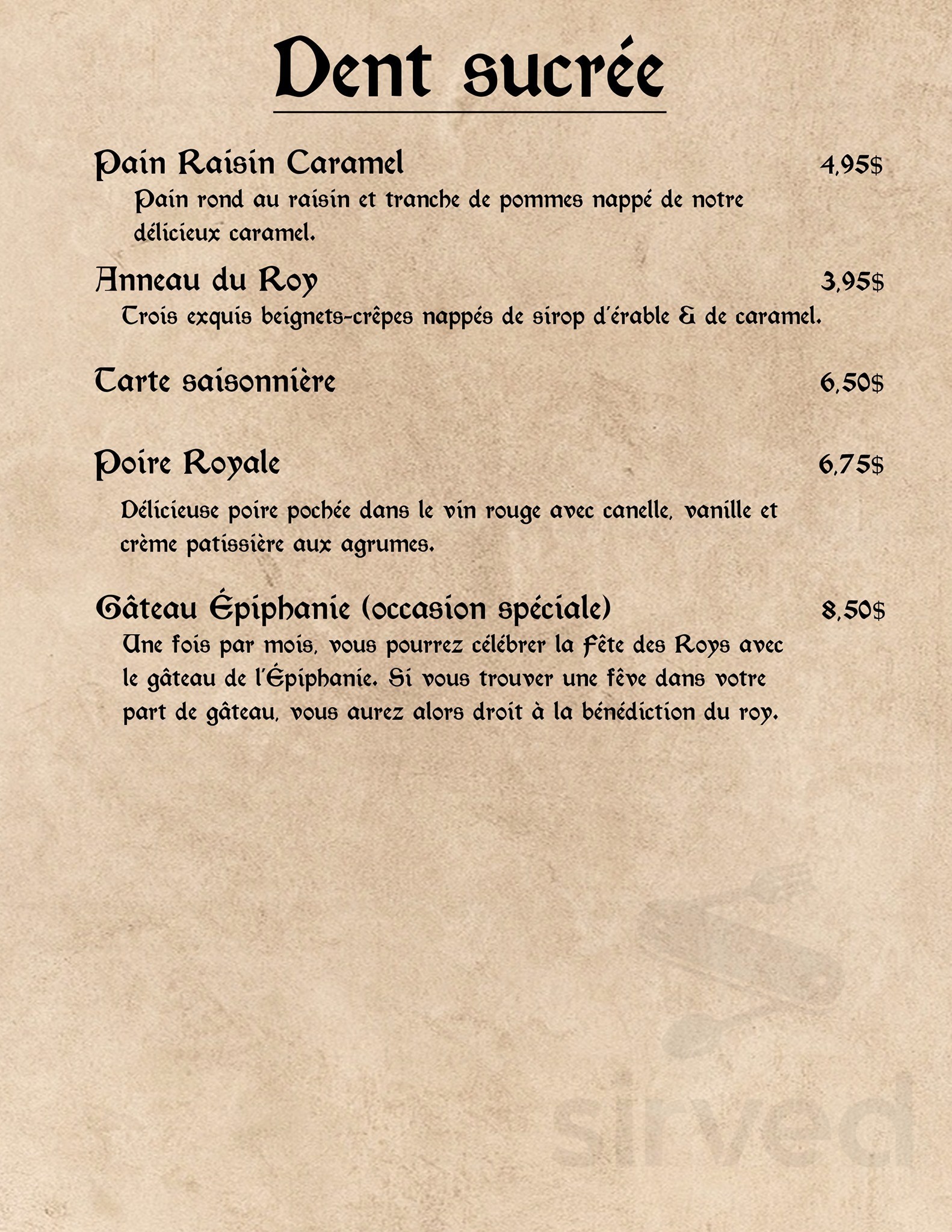 Sanglier Doré menu in Sherbrooke, Quebec, Canada