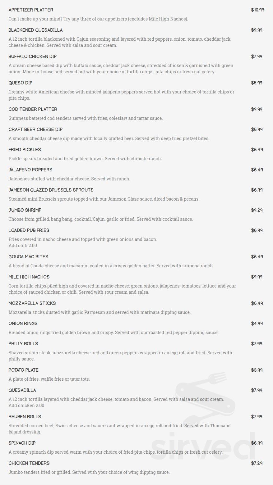 Johnny J's Pub & Grille, Springfield menu in Akron, Ohio, USA