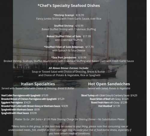 Seaport Diner menu in Port Jefferson Station, New York, USA