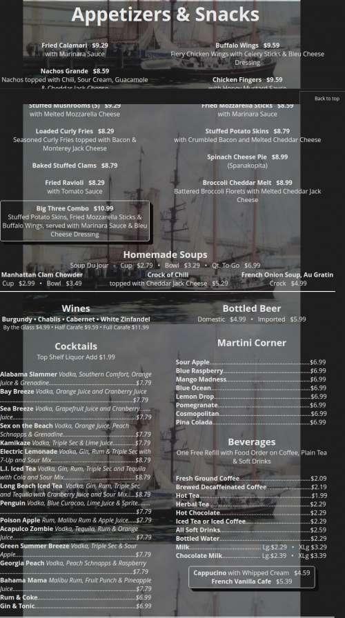 Seaport Diner menu in Port Jefferson Station, New York, USA