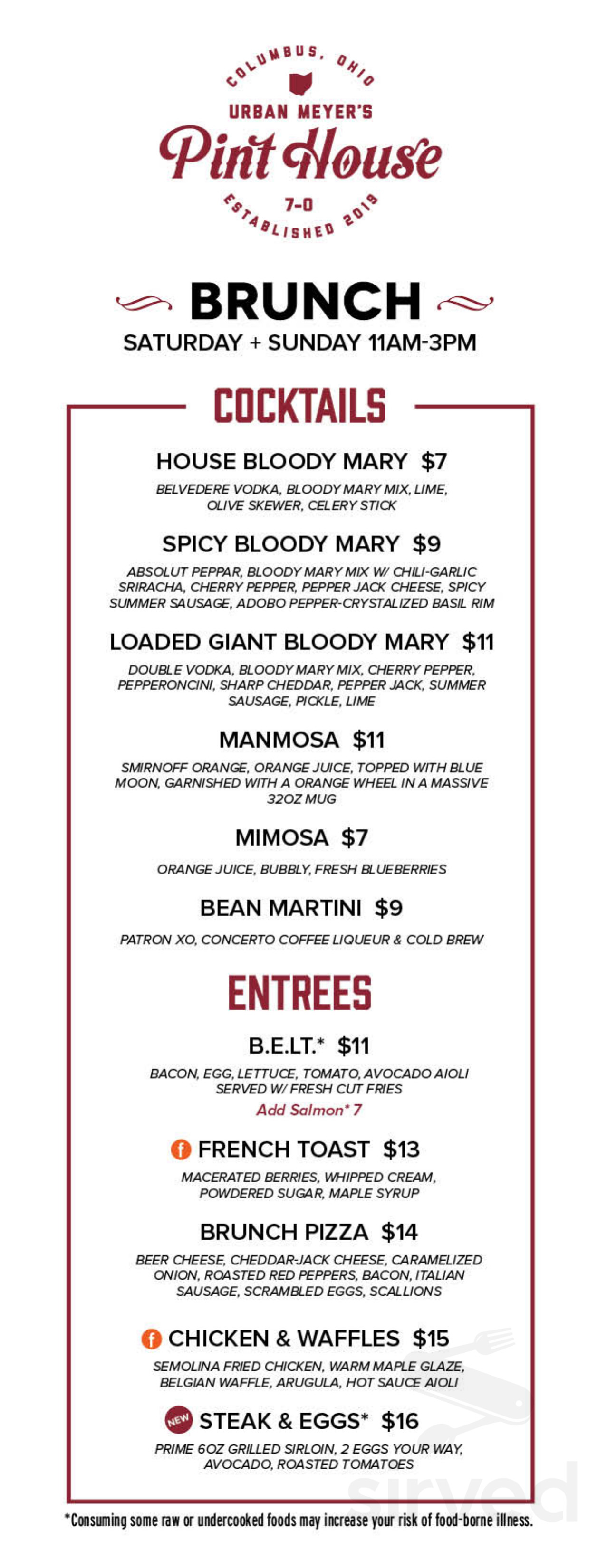 Menu for Urban Meyer's Pint House in Dublin, OH | Sirved