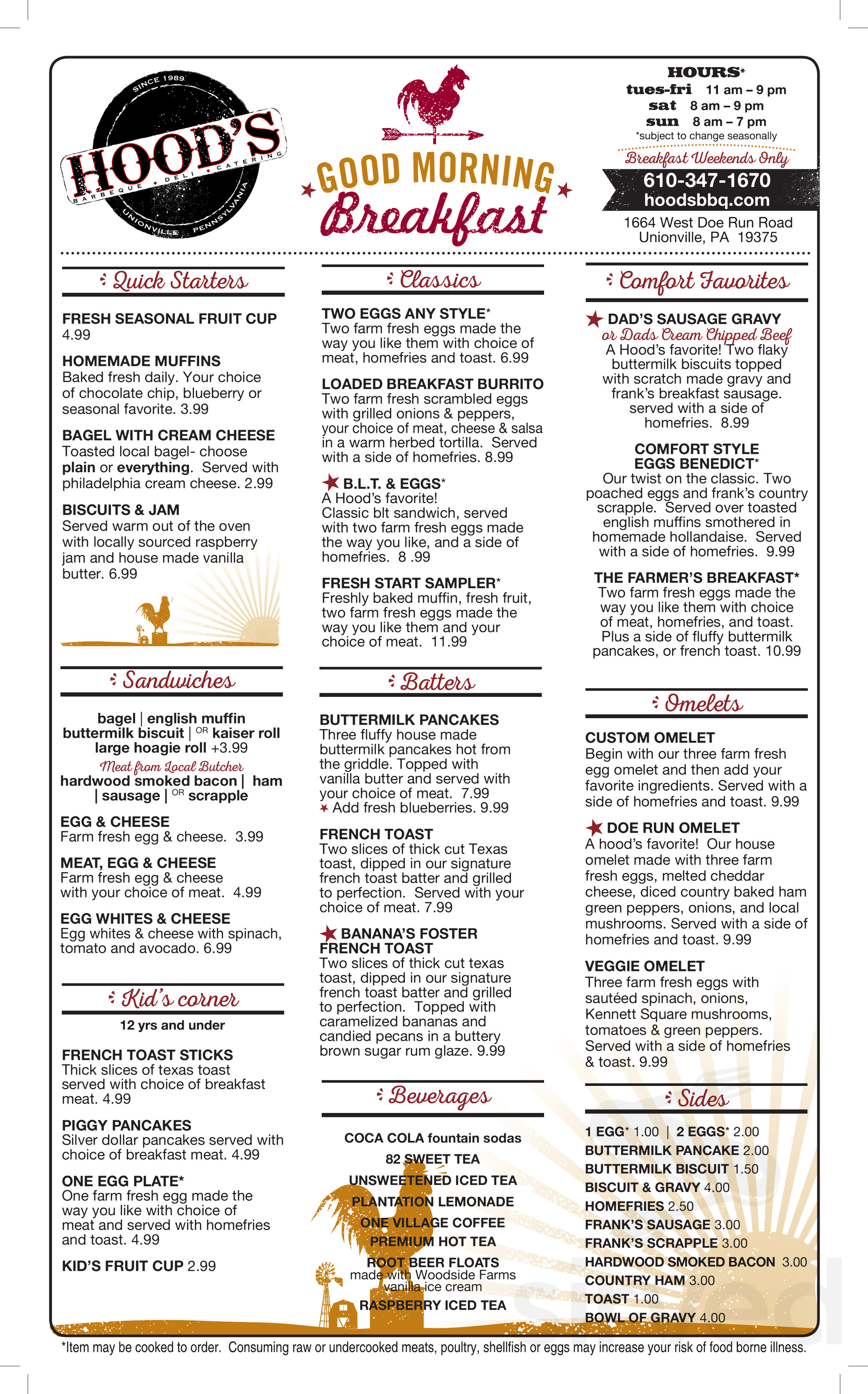 Hood's BBQ menu in Kennett Square, Pennsylvania, USA