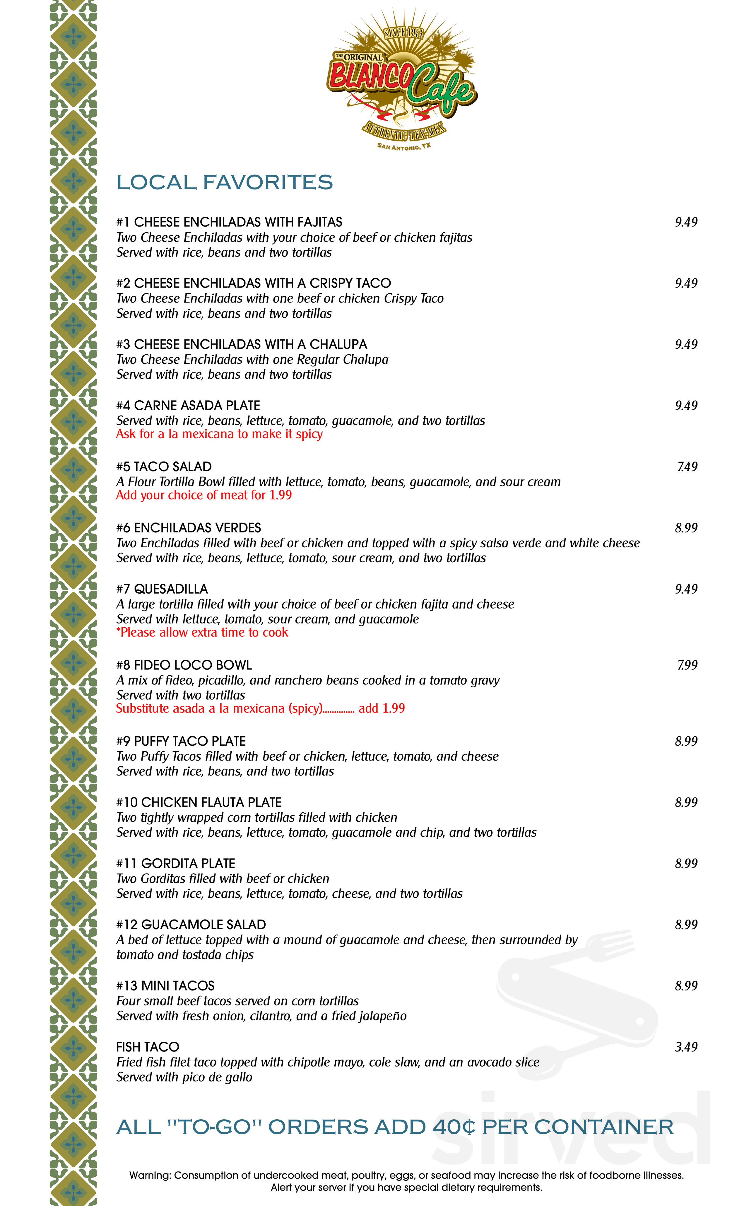 Original Blanco Cafe menu in San Antonio, Texas, USA