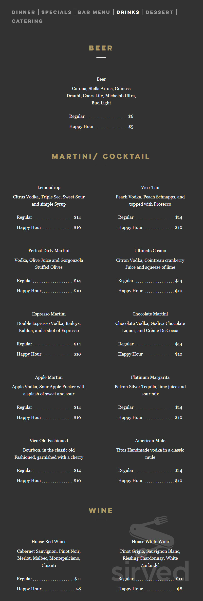 Menu - Fort Lauderdale FL's Cafe Vico Restaurant | Sirved