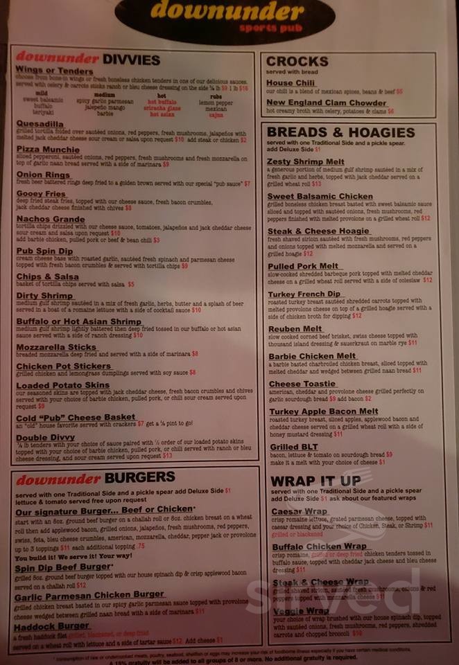 Menu for The Downunder Sports Pub in Houlton, ME | Sirved