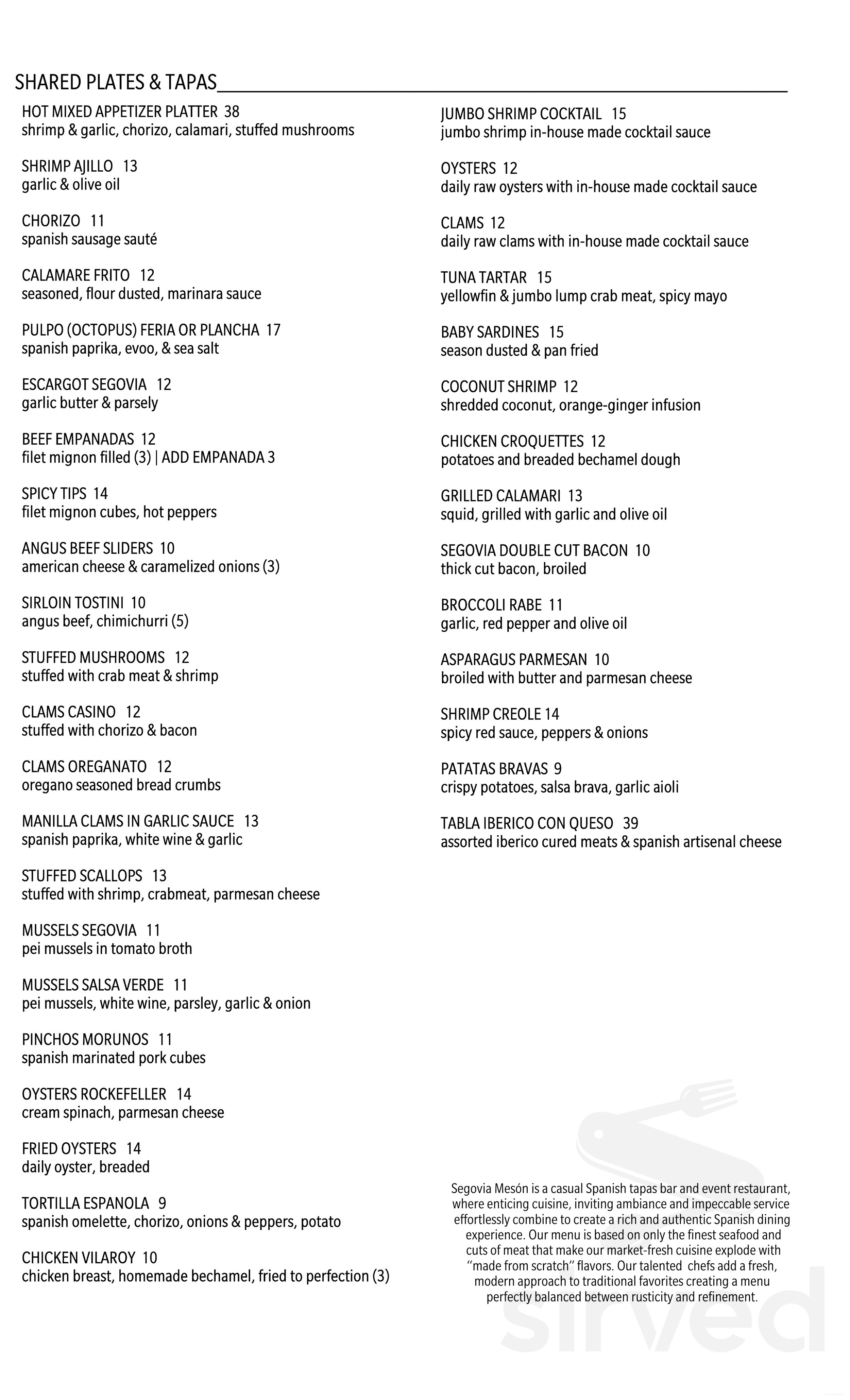 Menu for Segovia Meson in Carlstadt, NJ | Sirved