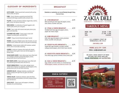 Zakia Deli menu in Minneapolis, Minnesota, USA