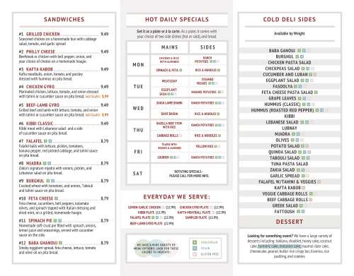 Zakia Deli menu in Minneapolis, Minnesota, USA