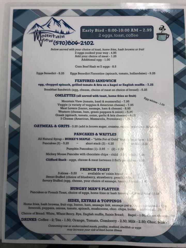 Mountain View menu in Clifford, Pennsylvania, USA