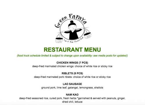 Green Papaya menu in Stockton, California, USA